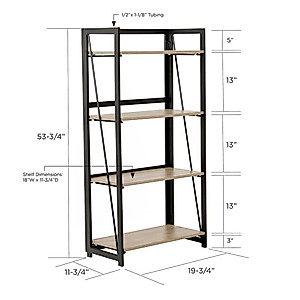 OS Home and Office Furniture Model 42244 No Tool Four Shelf Bookcase with Metal Legs and Sewn Oak Laminate Shelves