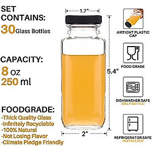 MIUKAA 30-Pack 8 oz Clear Glass Bottles with Airtight Caps, Reusable 8 oz Juicing Bottles with Black Lids, Drink Water Container Jars, Dishwash Safe