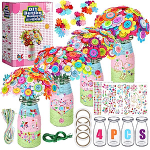 4 Sets Girls Crafts Ages 4-12 Make Your Own Flower Bouquet with Buttons and Felt Flowers, Vase Art and Craft for Children DIY Activity Christmas Thanksgiving Birthday Gift for Girls Boys