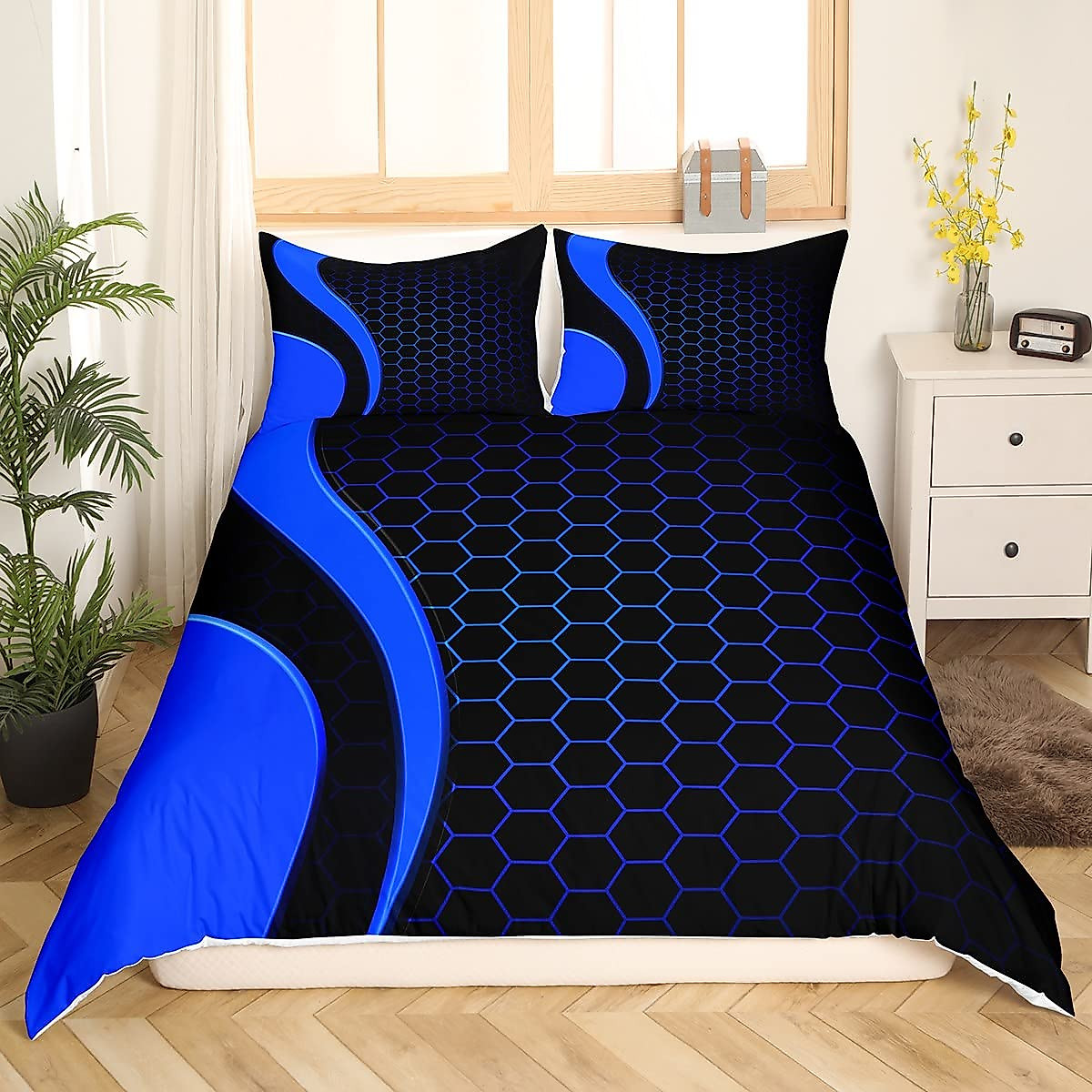 Geometry Bedding Set Geometry Honeycomb Comforter Cover for Kids Boys Girls Teens Hexagonal Geometrical Blue Black Duvet Cover Breathable Beehive Bedspread Cover Room Decor Quilt Cover Queen Size