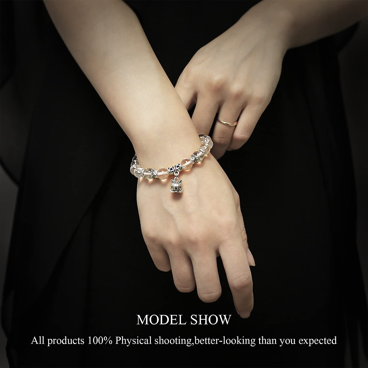 KS-WORKSHOP 8MM Stretch Bracelet for Women Handmade Beads Chain Quality Natural Stone White Crystal Beaded Girls Charm Dancing Lion Pendant Semi-Precious Gemstone Perfect Valentine's Gift Birthday