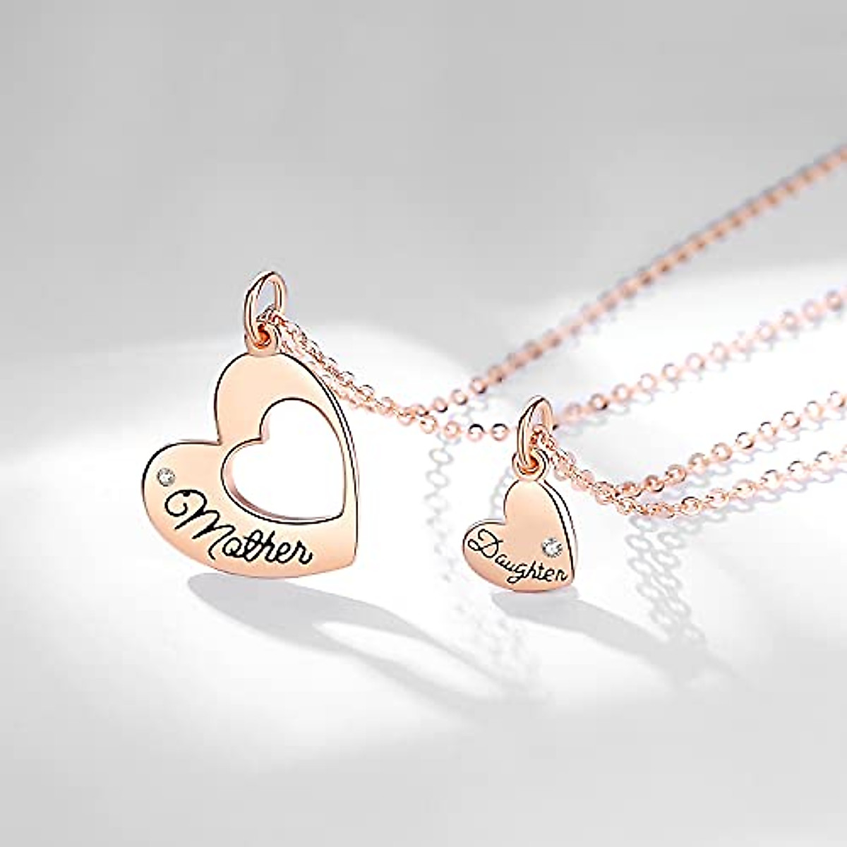 INFUSEU Rose Gold Mother Daughter Necklace Set for 2 for Mama Mom, Sterling Silver Small Dainty Tiny Heart Matching Jewelry for Women Teen Girls