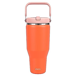 Zukro 40 OZ Tumbler With Flip Straw, Leak Proof Stainless Steel Tumbler with Top Handle On Lid, No Sweat Insulated Water Bottle Fit in Cup Holder for Outdoors, Keep Drinks Cold 24 hours, Grapefruit