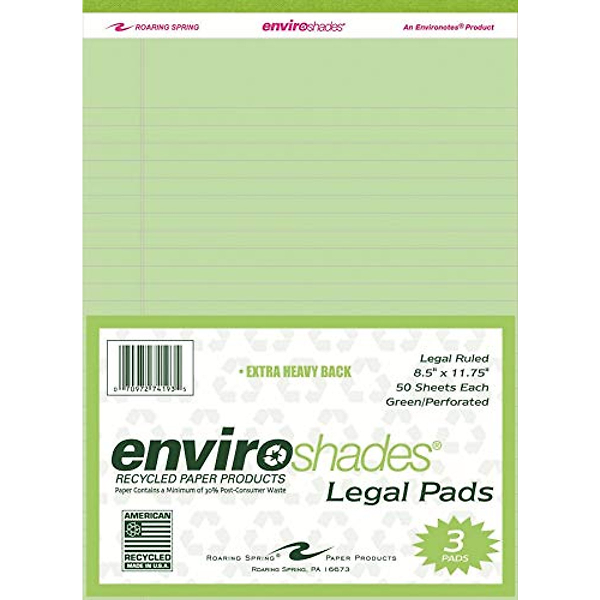 Roaring Spring Enviroshades Legal Pad, 8-1/2 X 11-3/4 in, 50 Sheets, Paper, Green, Pack of 3 - 1465587