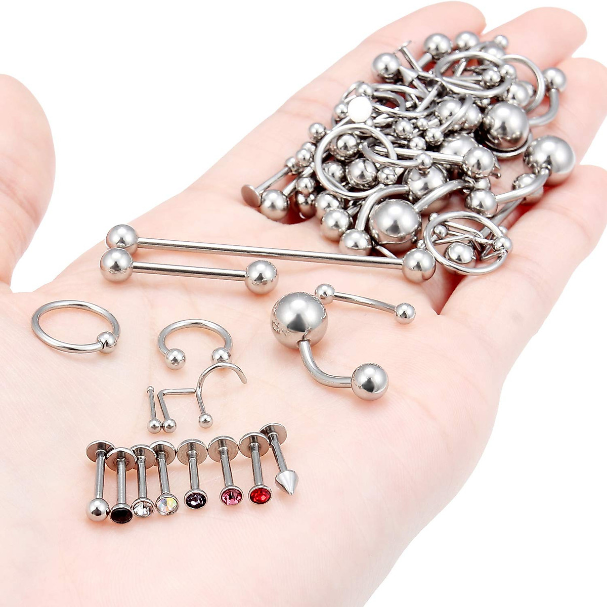 Vsnnsns 14G-20G Body Jewelry Piercing Lot Stainless Steel Nose Horseshoe Lip Tongue Eyebrow Septum Ring Cartilage Tragus Earrings Navel Belly Button Rings Barbells Body Piercing Jewelry Silver 72Pcs