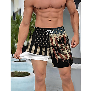 Partrest American Flag Skull Men's Swim Trunks with Compression Liner - 7 Inch American Flag Board Shorts for Beach