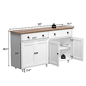 Buffet Cabinet Storage Sideboard with 2 Drawers and 4 Doors, 55" Modern Coffee Bar Cabinet with Storage, Credenza Kitchen Buffets Sideboards Cabinet Console Table for Dining Living Room, White