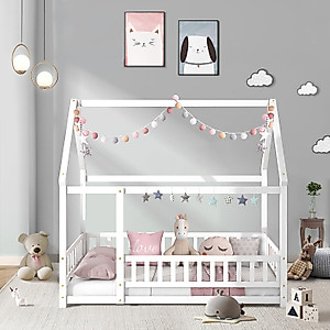 LLS Twin Montessori Floor Bed, Wooden Floor Bed Frame with Slats and Fence, House Bed for Boys Girls Bedroom, White