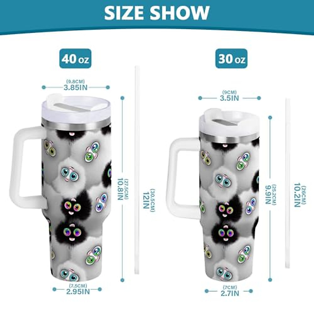 RPLIFE Cute Fun Vivid Black White Creatures 40oz Tumbler with Handle, Stainless Steel Water Bottle with Straw, Coffee Tumbler