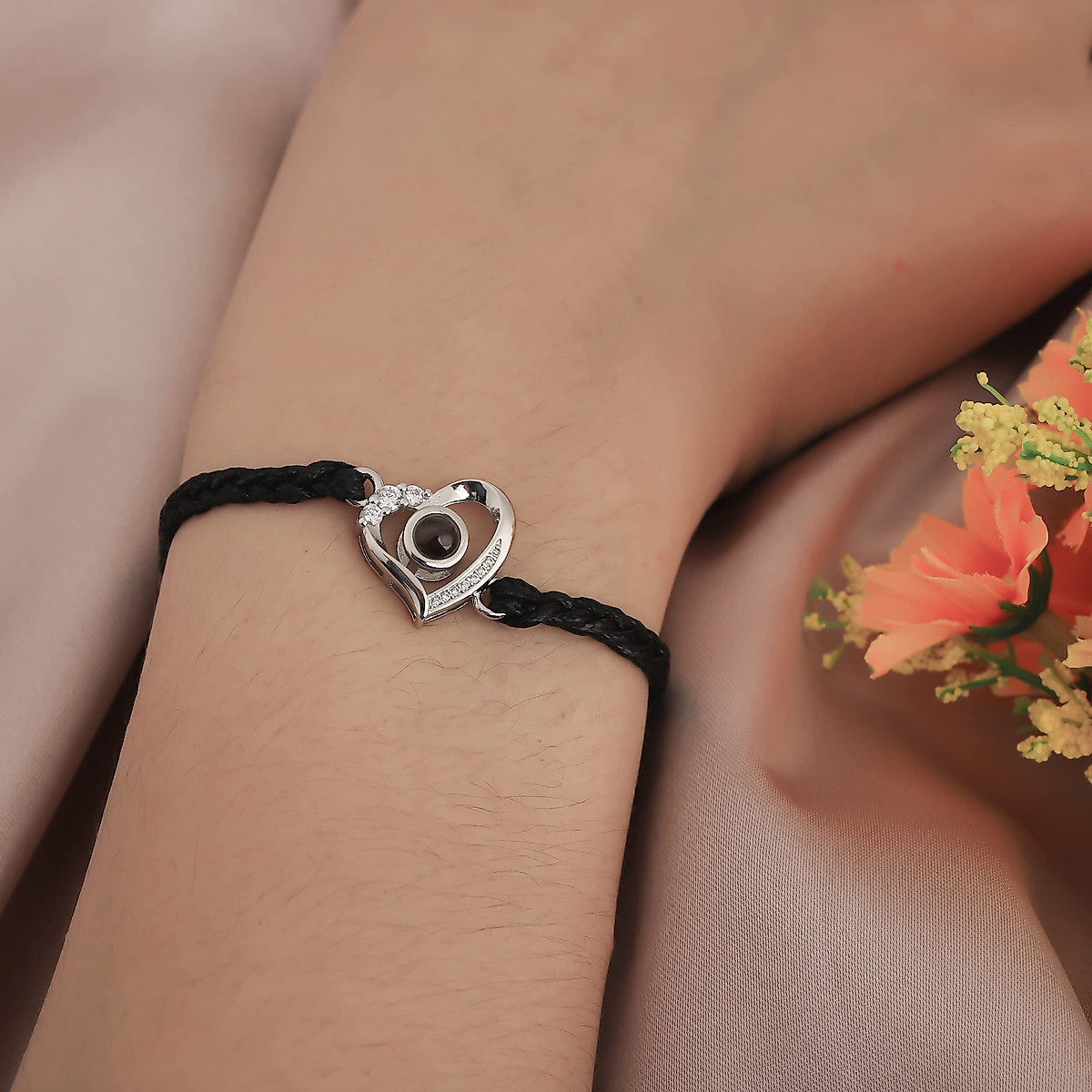 Vlagots Custom Bracelet with Picture Inside Personalized Photo Projection Bracelets heart photo Bracelet Braided Rope Bracelet Anniversary Christmas Memorial Gifts for Women Men