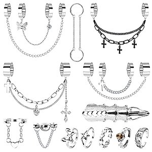 Ubjuliwa Gothic Punk Chain Finger Rings Set 15Pcs Adjustable Stackable Vintage Silver Emo Rings for Women Men Cross Butterfly Knuckle Rings