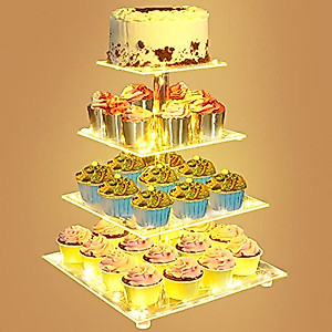 Utopia Home - Square Acrylic Cupcake Stand with Yellow LED Light Strings - 4 Tier Premium Cupcake Tower - Cup Cake Tier Stand for Dessert Table - Ideal for Weddings Birthday Parties