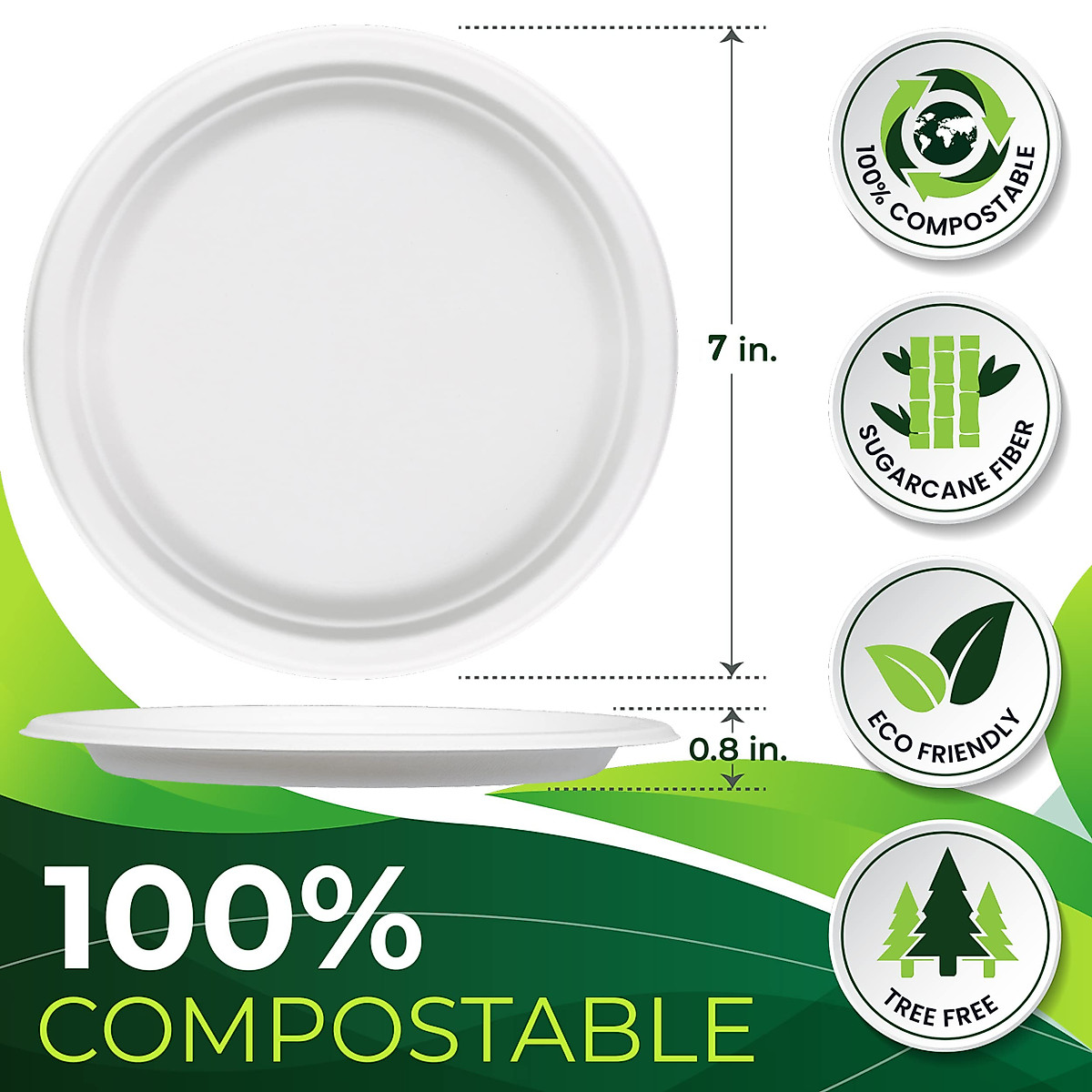 BIRCHIO 150pcs 100% Compostable Small Paper Plates (7 in), Heavy Duty, Eco Friendly Appetizer & Dessert Plates, Biodegradable Sugarcane Fiber