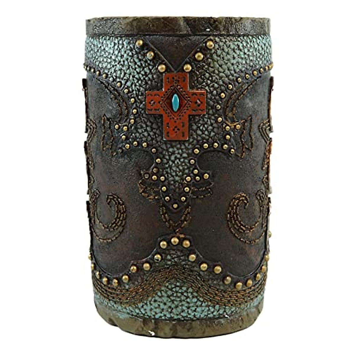 Ebros Gift Rustic Vintage Western Turquoise Faux Tooled Leather Triple Horseshoes and Cross Cowboy Toilet Bowl Cleaner Brush and Base Holder Set Bathroom Vanity Powder Room Office Accessory