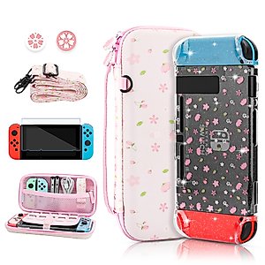 RHOTALL Sakura Pink Carrying Case Set for Nintendo Switch, Cute Cherry Blossom Storage Bag for Switch Accessories with Protective Case, Screen Protector, Adjustable Shoulder Strap and 2 Thumb Cap