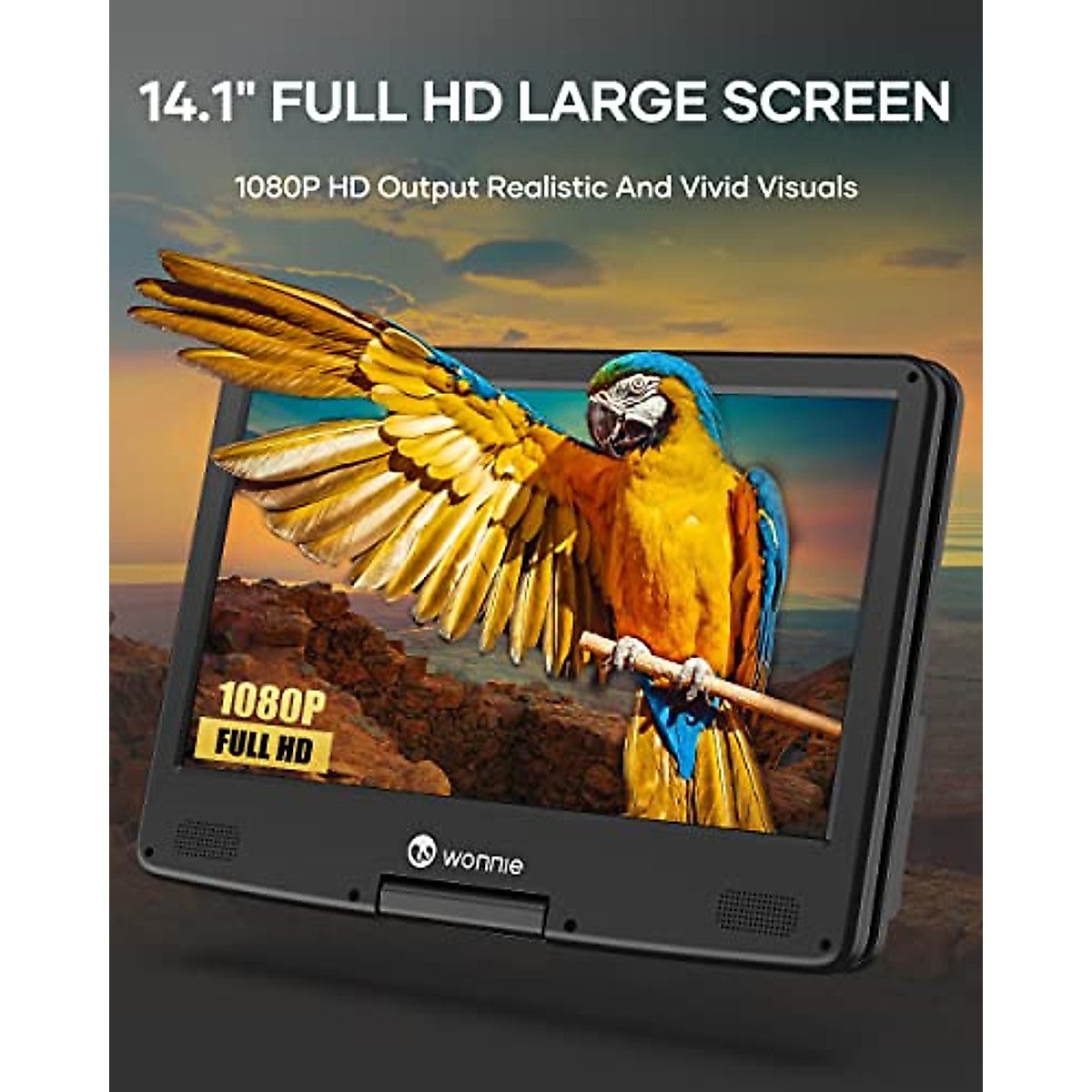 WONNIE 16.9" Portable Blu ray DVD Player with 14.1" 1080P HD Swivel Screen, 4-Hour Rechargeable Battery, Supports HDMI Output, Dolby Audio, Last Memory, Region Free, USB/SD Card, AV in