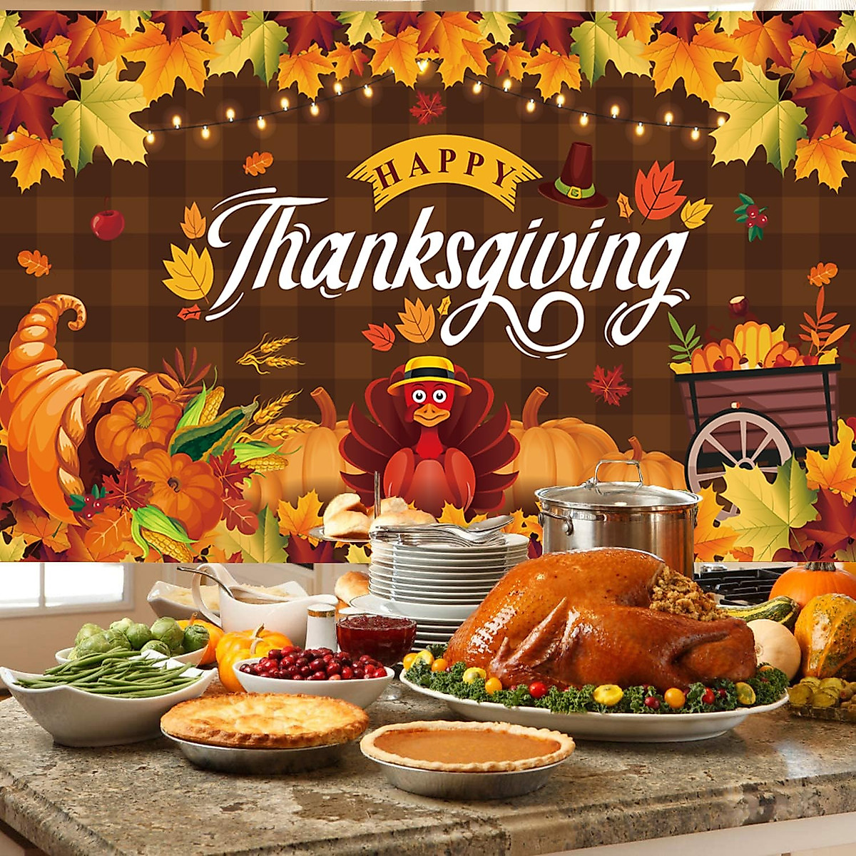 XtraLarge Happy Thanksgiving Banner 72x44 Inch, Happy Thanksgiving Backdrop, Thanksgiving Decorations Banner, Thanksgiving Pumpkin Maple Turkey Wall Banner