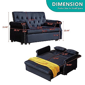 LEVNARY Velvet Small Convertible Sleeper Sofa, Pull-Out Loveseat Futon Sofa Bed, 3-in-1 Upholstered Twin Couch Bed with Adjustable Backrest and 2 Pillows for Small Spaces Living Room (Black)