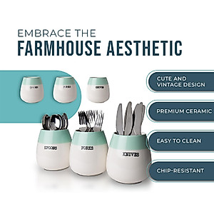 Ceramic "Honeypot" Cutlery Holder - Set of 3 - Farmhouse Silverware Caddy for Kitchen Countretop - Decorative Spoon, Fork & Knife Holder for Parties & More - Rustic Caddy Made of Premium Ceramic