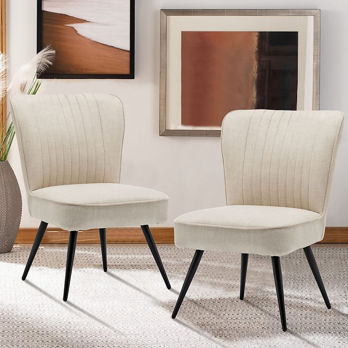 Alunaune Accent Chair Set of 2 Upholstered Living Room Chairs Modern Bedroom Furniture Sets Armless Slipper Club Chair Guest Reception Couch Comfy Wingback Single Sofa-Ivory