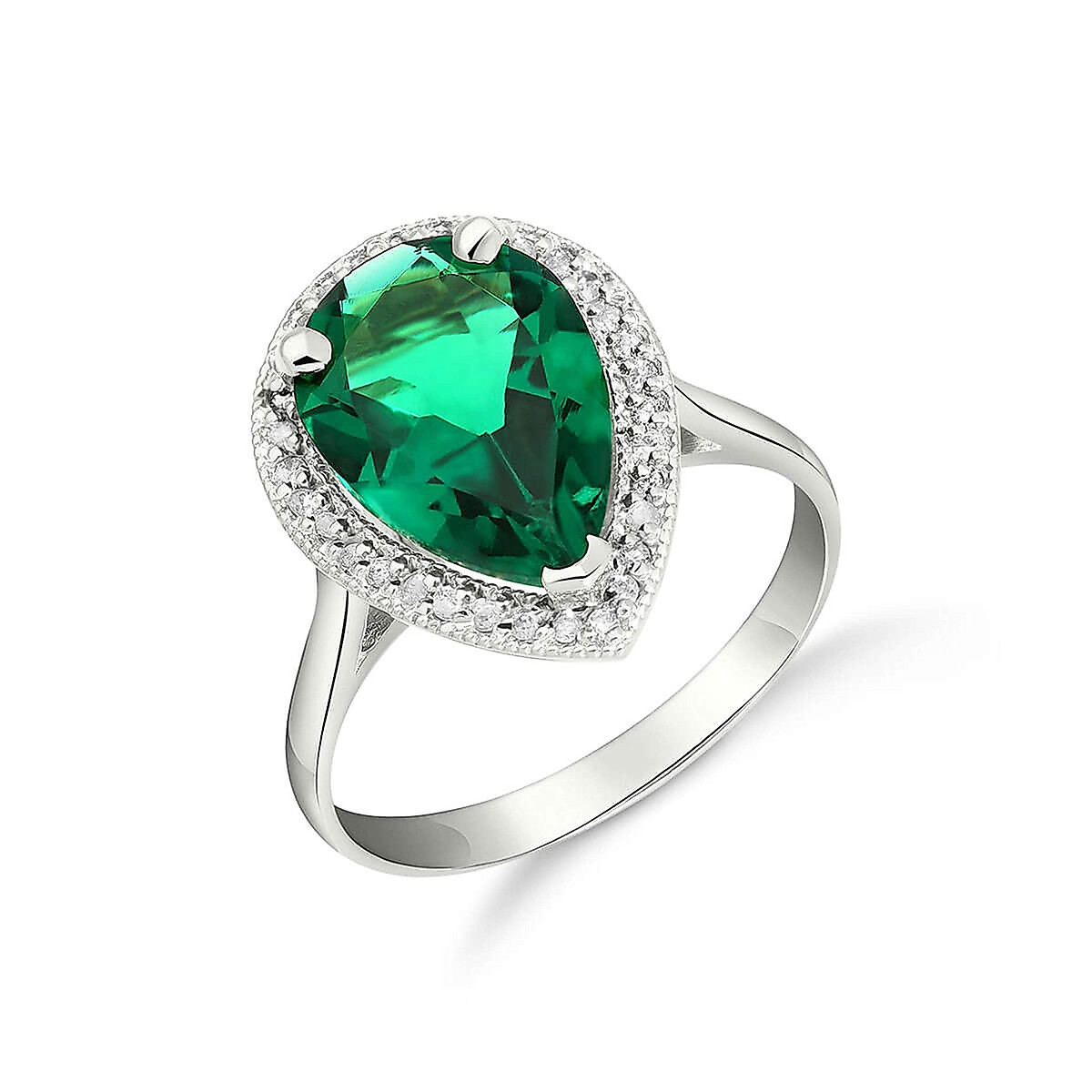 Galaxy Gold GG 3.16 Carat Total Weight 14K Solid White Gold Emerald with Natural Diamonds Halo Ring Brilliant Pear Tear Drop Shape Cut and Round Diamonds (6.5)