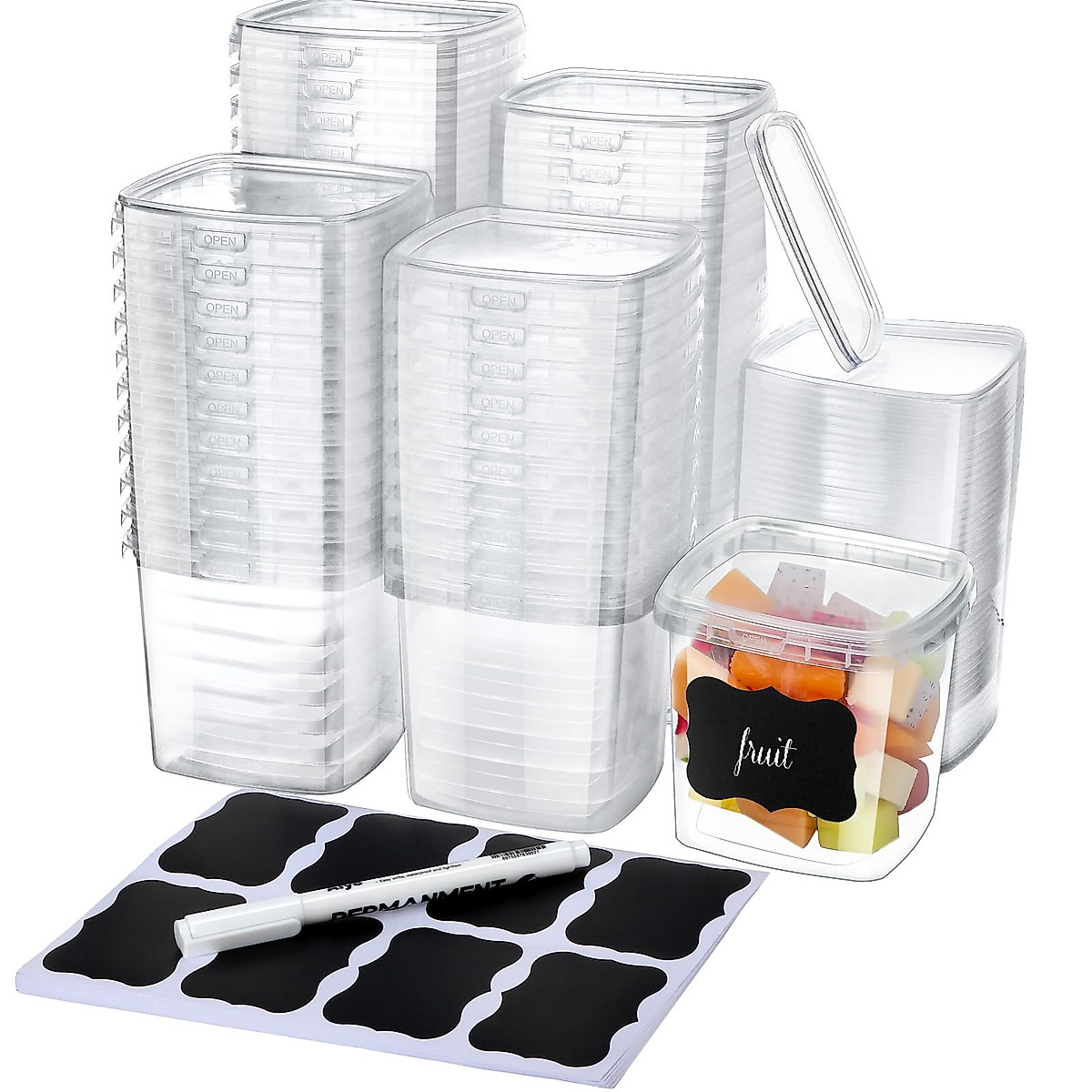 Jinei 50 Pcs 16 oz Plastic Deli Containers with Lids Clear Square Food Storage Containers Stackable Airtight Square Container with Lids with 9 Labels and Marker for Kitchen Storage Meal Take out