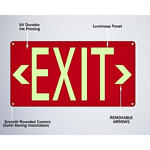 (2 Pack) Photoluminescent Exit Sign Red - with Removable Directional Arrows, With strong self adhesive tape, 14.25 x 7.5 Inches Heavy Duty Aluminum Signs, Fade Resistant