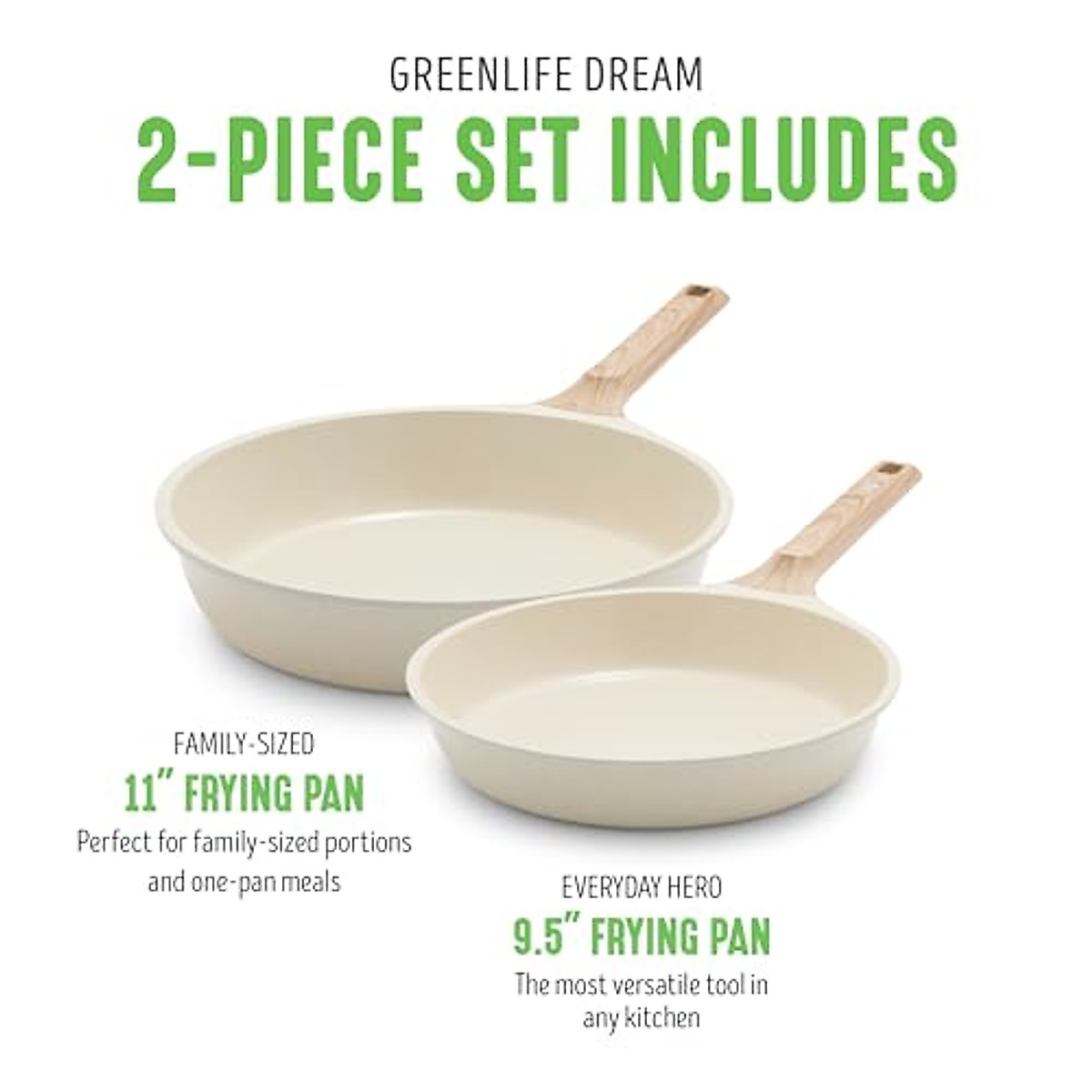 GreenLife Arte 2 Piece Frying Pan Set, Ceramic Nonstick 9.5" & 11" Skillets, Induction Suitable, Non Toxic PFOA & PFAS Free, Wood Print Handles, Dishwasher Safe, Speckled Cream