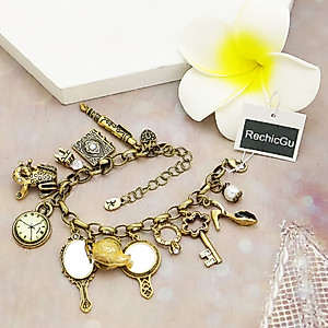 Vintage Gold Fairytale Lucky Charms Link Chain Cuff Bangle Bracelet Wonderland Style Frog Mirror Clock Heart Teapot Pendants Party Friendship Gift For Women and Girls