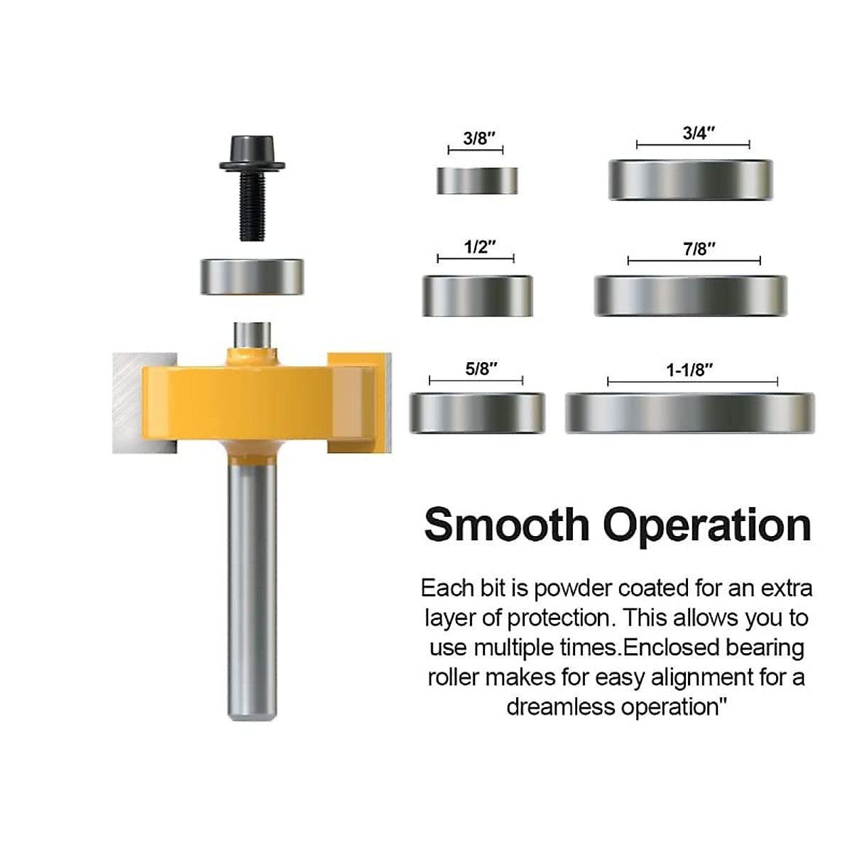 Yueqing Zhongji Rabbet Router Bit 1/4 Inch with 6 Bearings,Interchangeable and Adjustable Bearing (Multiple Depths 1/8", 1/4", 5/16", 3/8", 7/16", 1/2") Carbide Tipped Rabbeting Router Bit Set for