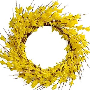Bibelot 20inch Artificial Forsythia Flower Wreath Spring Summer Fall Wreath Silk Leaves Wreath for Front Door Wreath Porch Farmhouse Patio Garden Home Decor (Yellow)