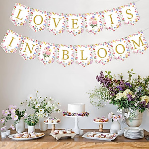 Cheereveal Love is in Bloom Banner - Flower Theme Bridal Shower Bunting Garland, Pink Pre-Assembled Party Signs, Engagement Wedding Party Supplies and Decorations