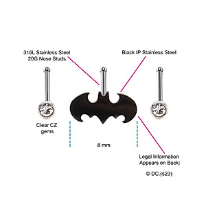 DC Comics Officially Licensed Unisex Batman Logo and Cleaz CZ Nose Bone Body Piercing Jewelry-20 gauge (3 piece set), Silver/Black, One Size