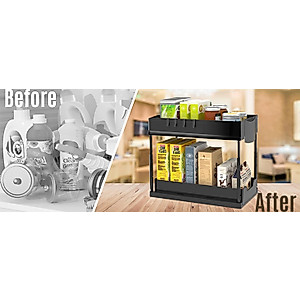 Chiaamo, Under Sink Organizers and Storage 2-Tier Sliding Shelf, 1 Sliding Organizer for countertop or Under The Sink with 4 Telescopic Tubes That Allows You to Adjust The Height to Your Need.