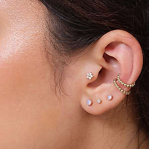 14K Solid Gold Milgrain Gemstone Bezel Single Stud Earring for Cartilage Tragus Helix Tragus CZ Stud 2mm 2.5mm 3mm Top Internally Threaded Flat Screw Back Upper Ear Piercing for Women Men (Single Piece)