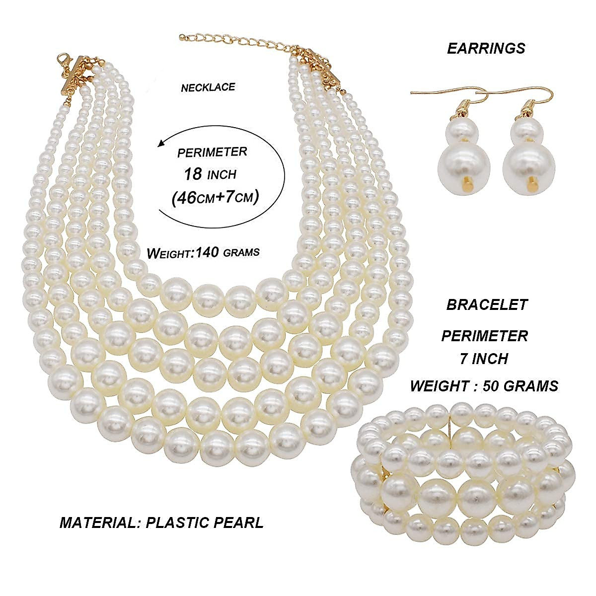 MeliMe Faux Big Pearl Srand Necklaces for Women 5 Layers Pearl Bib Collar Necklace Bracelet and Earrings set 1920s Costume Pearl Jewelry Bridal Wedding gift (white pearl necklace set)