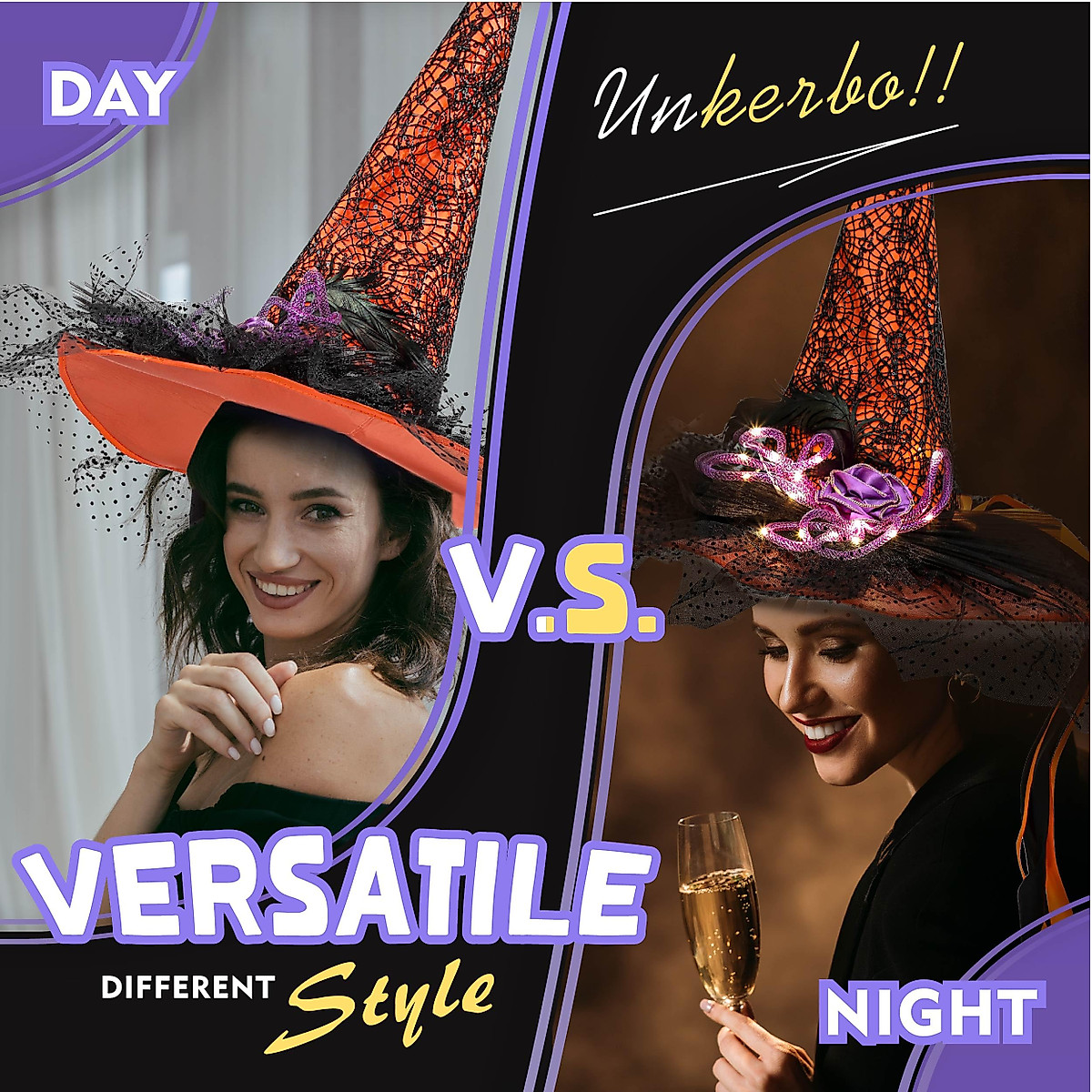 UNKENBO Orange LED Light Witch Hats for Women - Fancy Light Weight Halloween Witch Hat with Cute Lace and Large Hat Brim Unique Halloween Designs and Purple Feather for Witch Costume Size: 20 inch