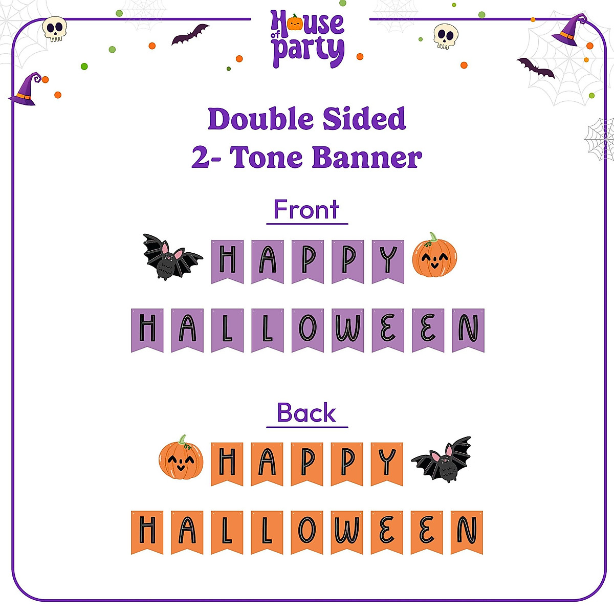 HOUSE OF PARTY Happy Halloween Banner - Happy Halloween Sign - Happy Birthday Halloween Banner - Indoor Halloween Party Decoration with Bat and Pumpkin - Perfect for Mantle, Halloween Party Decor!