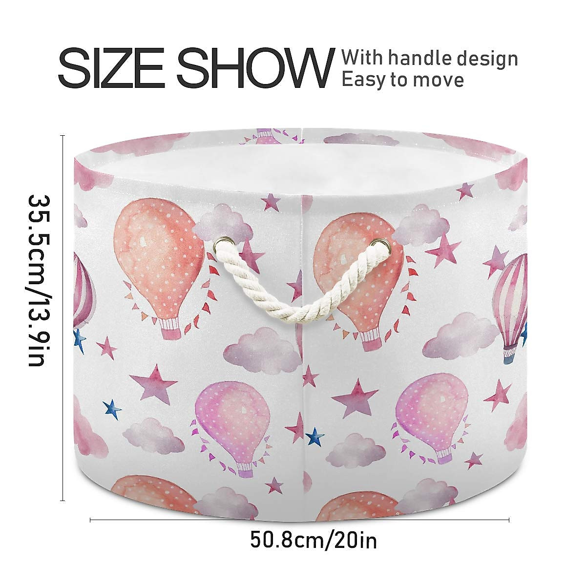 Laundry Basket 50L Waterproof Storage Collapsible Hamper Toy Basket Canvas Organizer Basket with Handles for Bedroom Baby Nursery Clothes-Air Ballon