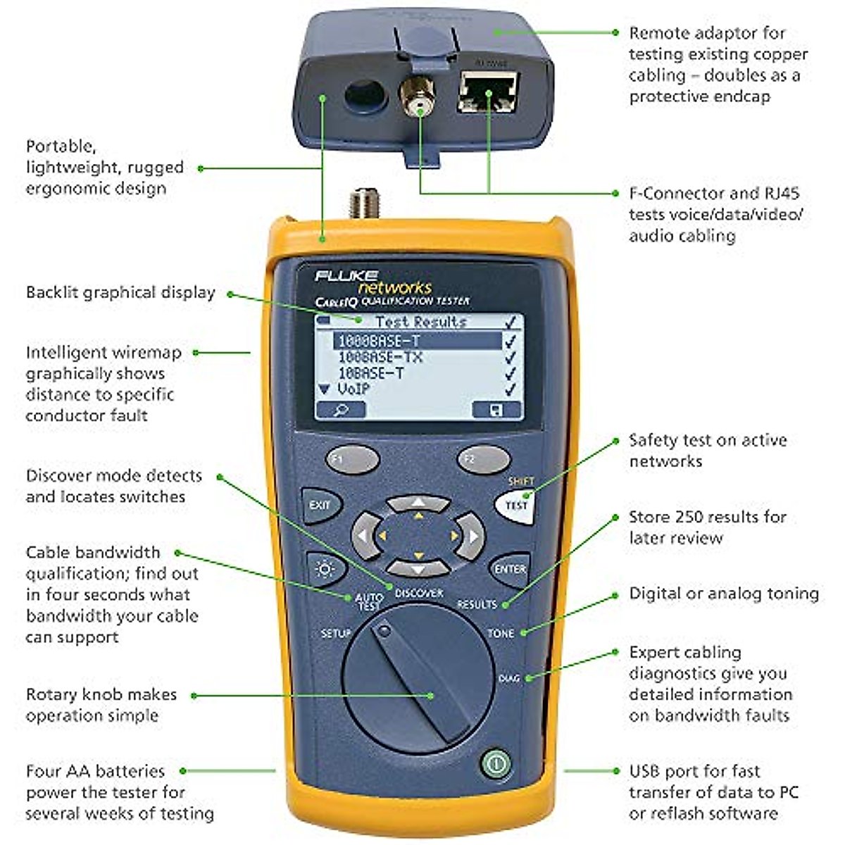 Fluke Networks CIQ-100 Copper Qualification Tester, Qualifies and Troubleshoots Category 5-6A Cabling for 10/100/Gig Ethernet, Coax and Voip, Blue