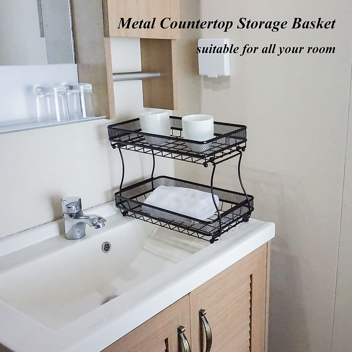 2 Tier Fruit Storage Basket for Kitchen Countertop,GTAGGEE Bread Baskets Fruit Bowl Holder Vegetable Stand Detachable Metal Rectangular Wire Basket, Black