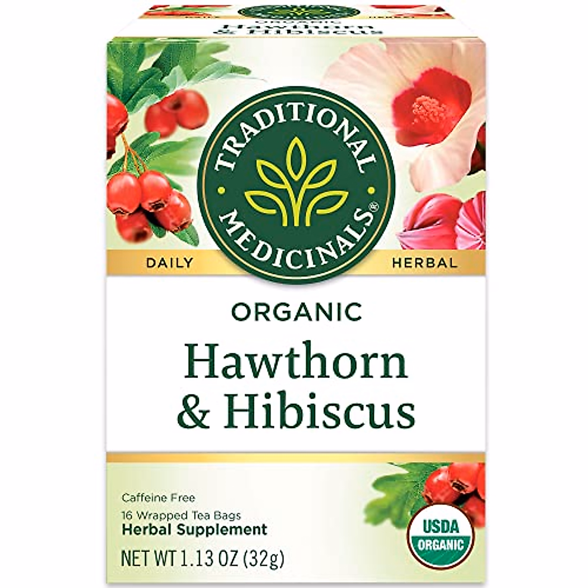 Traditional Medicinals Organic Hawthorn & Hibiscus Herbal Tea, Promotes Heart Health, (Pack of 4) - 64 Tea Bags Total