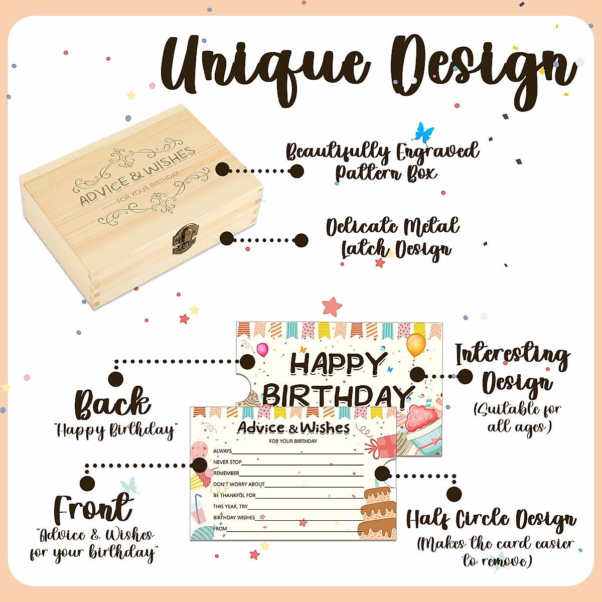 1DFAUL 60pcs Birthday Wishes Cards, Guest Book Advice Cards Box for Birthday Party, Advice And Wishes for Birthday Games, for 16th, 18th, 30th, 40th, 50th, and Any Age, Birthday Party Favors