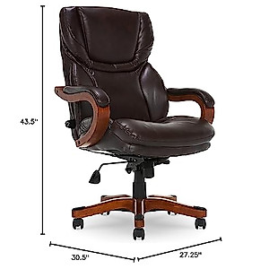 Serta Big and Tall Executive Office Chair with Wood Accents Adjustable High Back Ergonomic Lumbar Support, Bonded Leather, 30.5D x 27.25W x 43.5H in, Brown