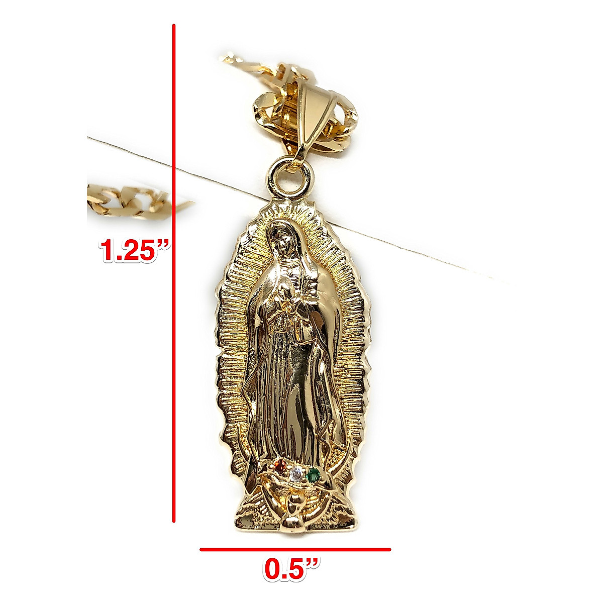 Gold Plated Virgin Mary Pendant Necklace Figaro 26" Virgen de Guadalupe Medalla Oro Laminado