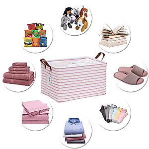Hinwo 31L Large Storage Bins, Closet Organizers and Storage, Shelf Baskets, Foldable Clothes Storage Baskets with Handles, Containers for Clothing, Blanket, Towels, Toys, Bedding (Pink Stripe)