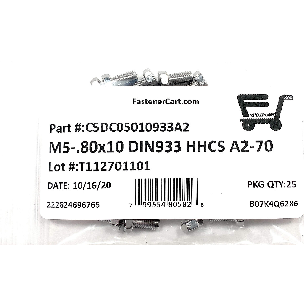 M5-.80 X 10 Hex Head Cap Screw Hex Bolts DIN933 (M5x10) Full Thread A2-70 Stainless Steel (25 Pieces)