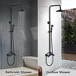 MOSSON Rain Shower System Oil Rubbed Bronze Outdoor Shower Faucet Set with 8 Inch Rainfall Shower Head Handheld Spray 2 Cross Handles Wall Mounted Bathroom Shower Fixtures Solid Brass