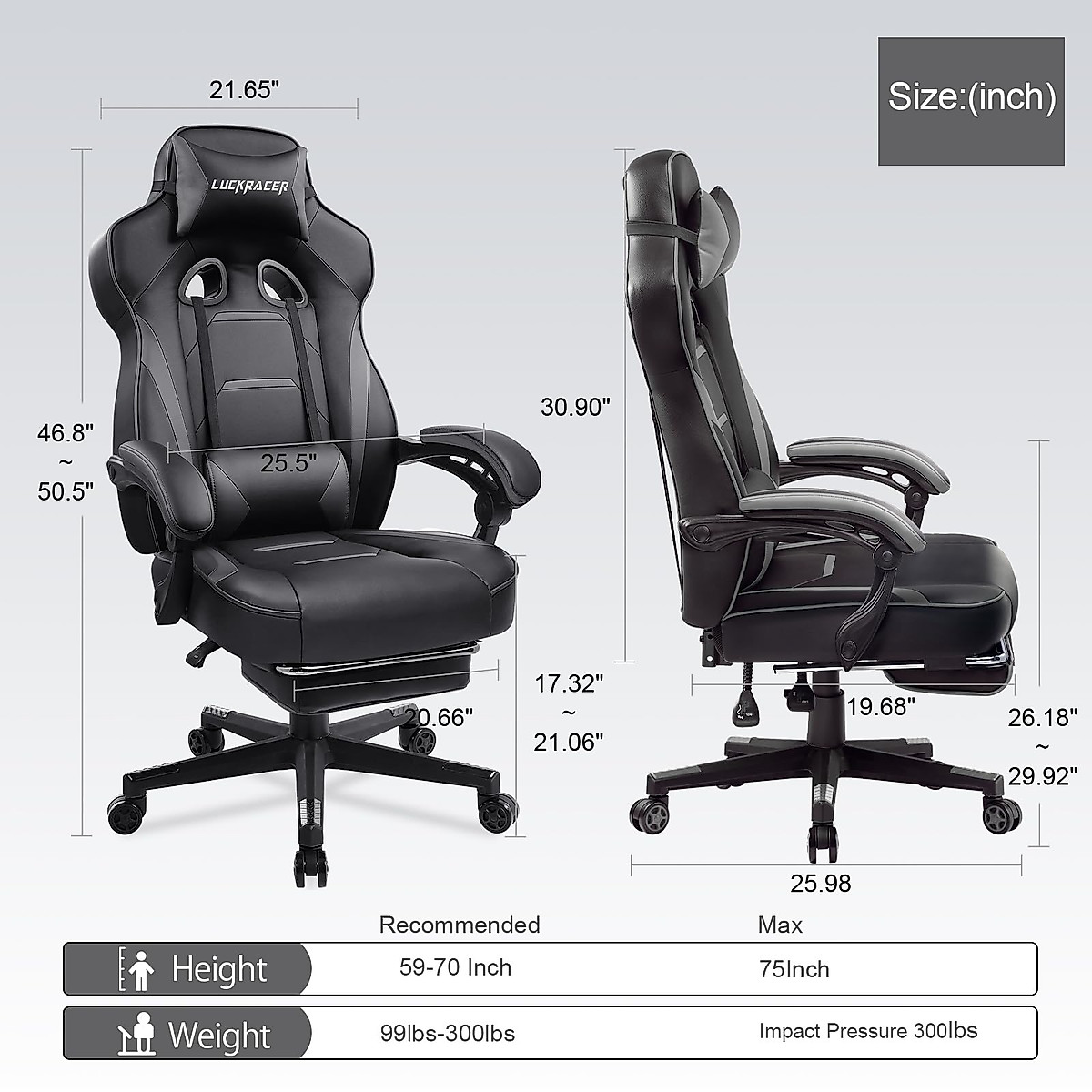 LUCKRACER DF-F59-GRAY Gaming Chair, Grey