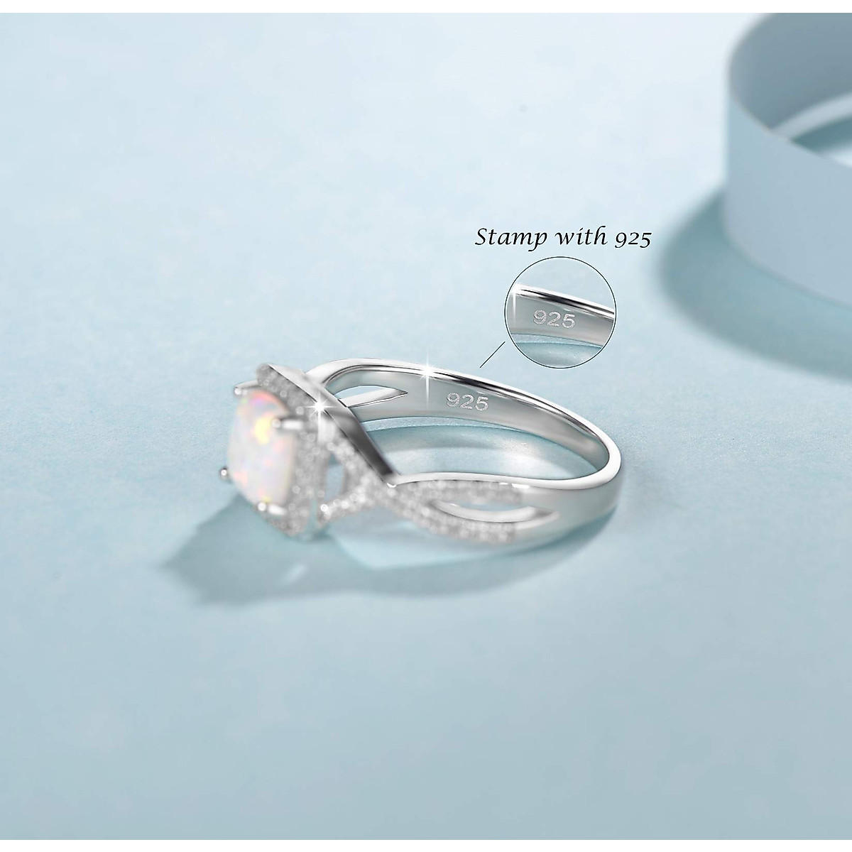 FANCIME Created Opal Rings Sterling Silver 4-Prong Halo Infinity White Fire Opal Ring October Birthstone Engagement Wedding Ring Fine Jewelry for Women Size 9